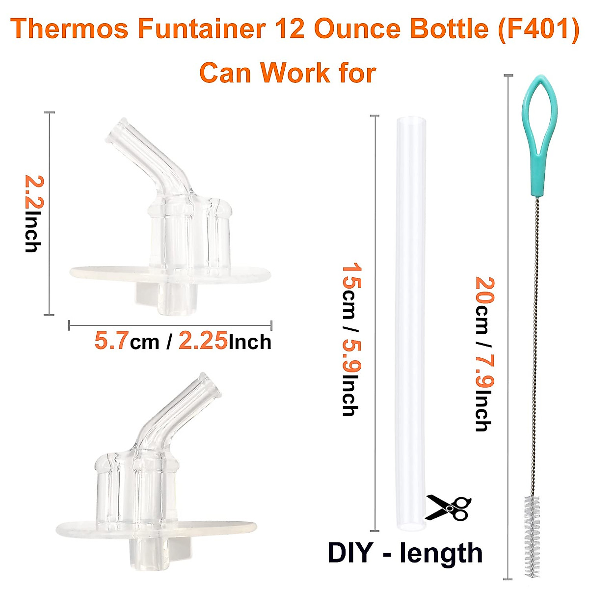 Replacement Straws for Thermos Funtainer 12 Ounce Bottle(F401), 8 Sets(8 pcs Silicone Sipper Straws, 8 pcs Silicone Straw stems and 2pcs Straw Cleaning Brushes)