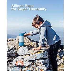 14oz Kids Water Bottle for School Toddler Thermo Water Cups with Straw Lid & Silicone Boot, BUZIO Stainless Steel BPA-Free Insulated Water Tumbler Travel Bottles, Metal Mug with Stickers- Blue