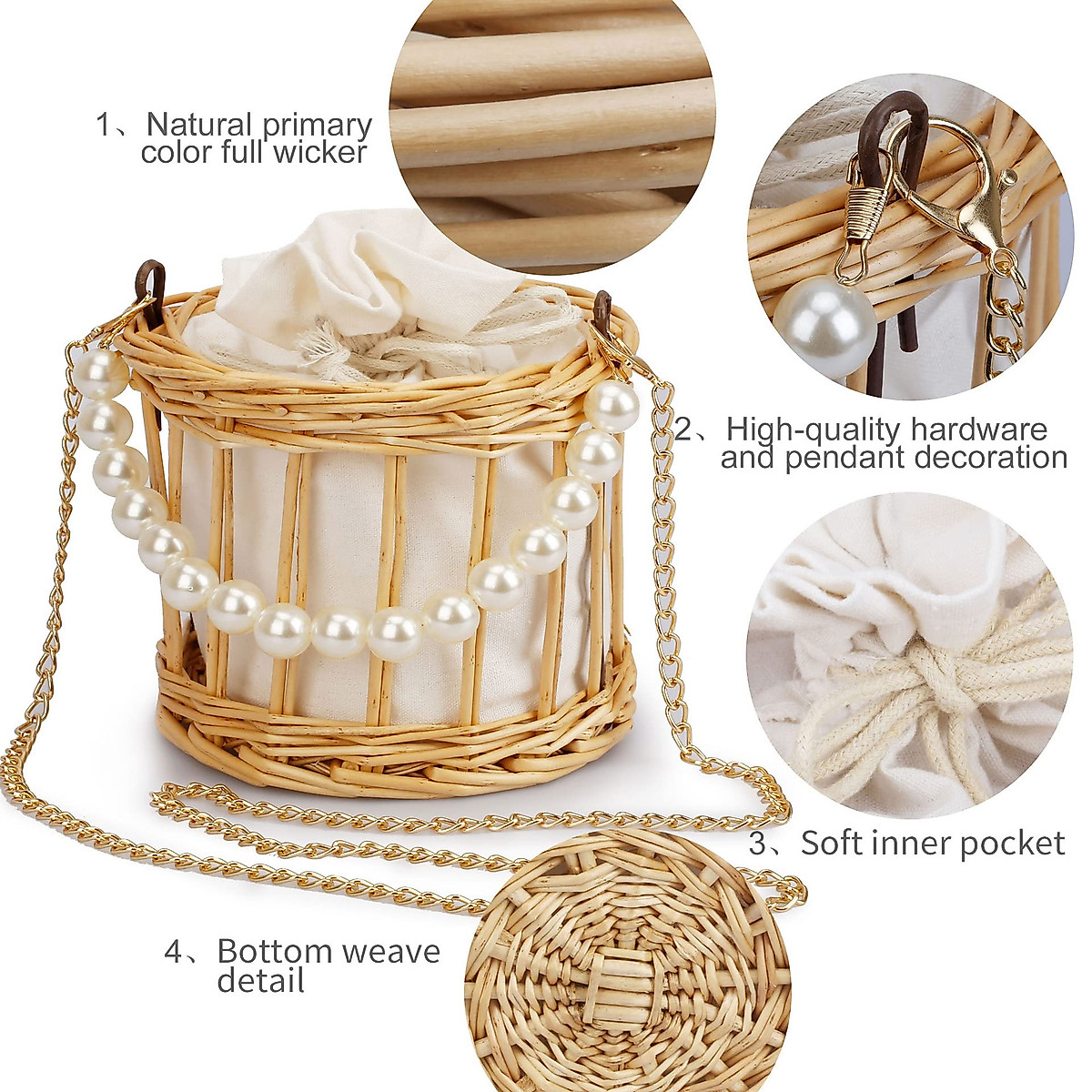 Wicker Purse Handbag Round Crossbody Bag For Women Summer Beach Straw Phone Tote