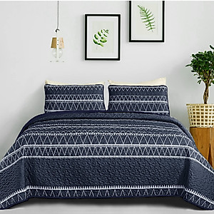 WONGS BEDDING Navy Blue Quilt King Size, Boho Striped Triangle Bedding Bedspread Coverlet Set, Microfiber Lightweight Bohemian Quilt Set for All Season 3 Pieces 90x104 in