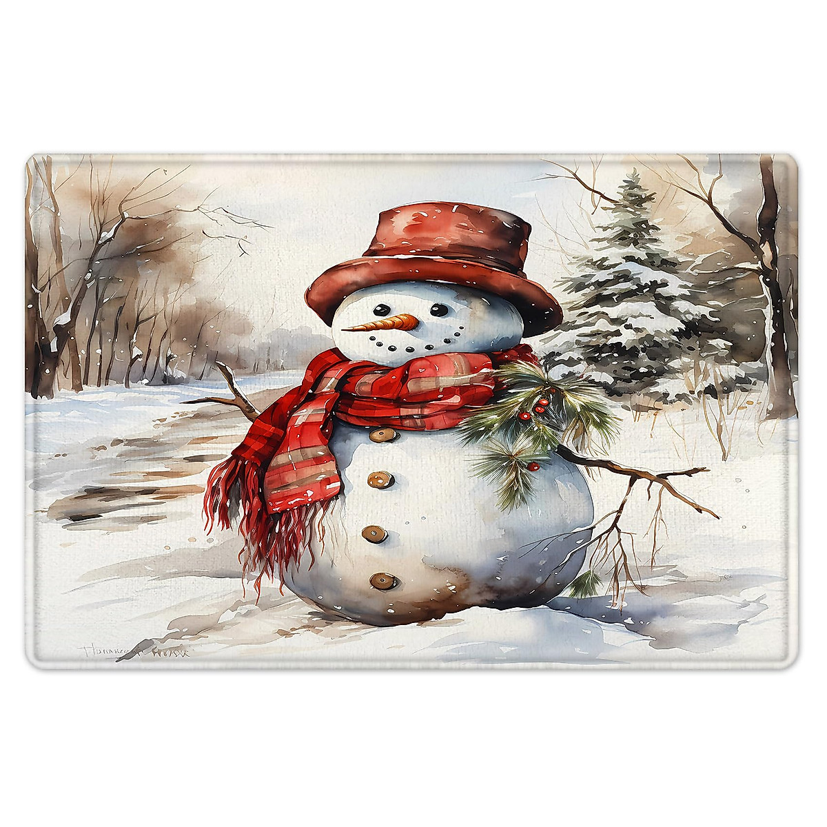 LB Winter Christmas Bath Mat Cute Snowman with Red Hat in Forest Area Rug for Bathroom Snow Scene Doormat Non Slip Memory Foam Super Absorbent Floor Mats,24Wx16H Inch