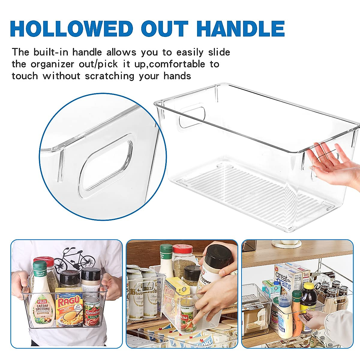 VZKAH Clear Plastic Organizer Bins 【6-Pack】– Shelf Storage Bins or Kitchen Organizing – Fridge Organizer, Pantry Organization and Food Storage Bins,Cabinet Organizers (9.32" L*5.23" W*4.52" H)