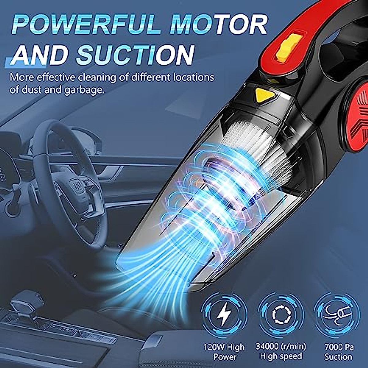 CSCL Handheld Vacuum Cordless Car Vacuum Cleaner, 120W High Power Rechargeable Handheld Car Vacuum with Strong Suction, Portable Wireless Hand Held Vacuum Cleaner Wet Dry for Car, Home, Pet Hair