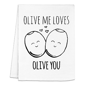 Funny Kitchen Towel, Olive Me Loves Olive You, Flour Sack Dish Towel, Sweet Housewarming Gift, White