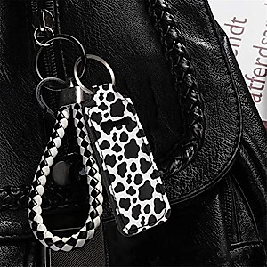 Babrukda 1 Pack Chapsticks Keychain Holder, Cow Print Black White Chapstick Holder Keychains, Portable Pocket for Chapstick Lip Balm, Chapstick Sleeve Pouch, Travel Accessories for Women Men Kids