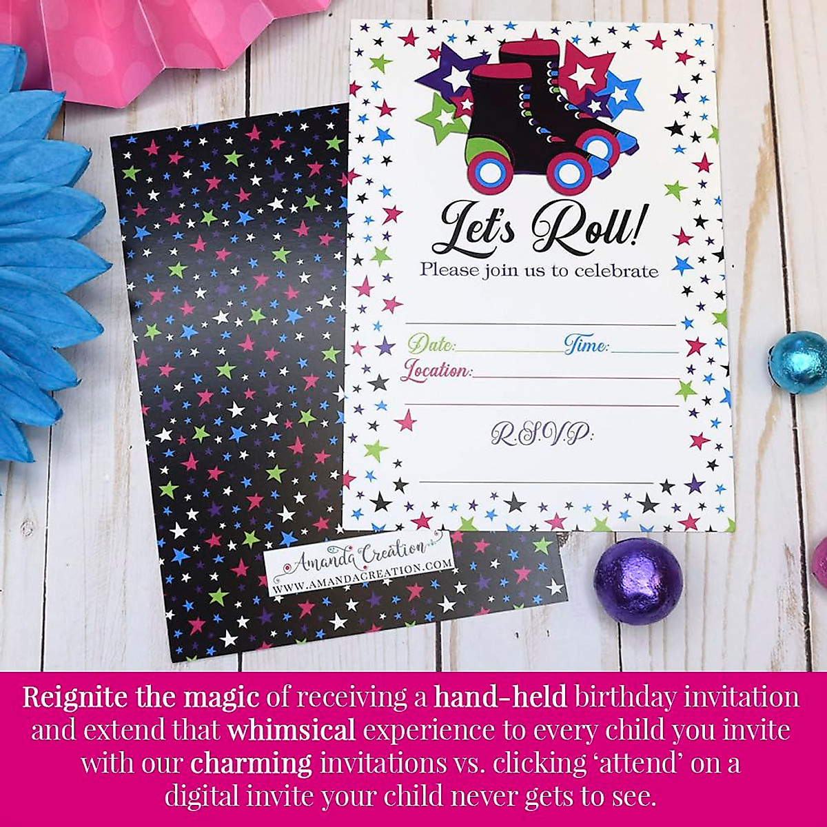 Let’s Roll Star Roller Skating Birthday Party Invitations, 20 5x7 Fill In Cards with Twenty White Envelopes by AmandaCreation