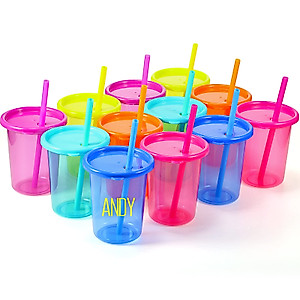 Sawysine 12 Pieces Kids Cups with Straws and Lids, Tumbler Cups Bulk Plastic Cups for Toddlers Reusable Spill Proof Christmas Cups for Kids with Colored Alphabet Stickers