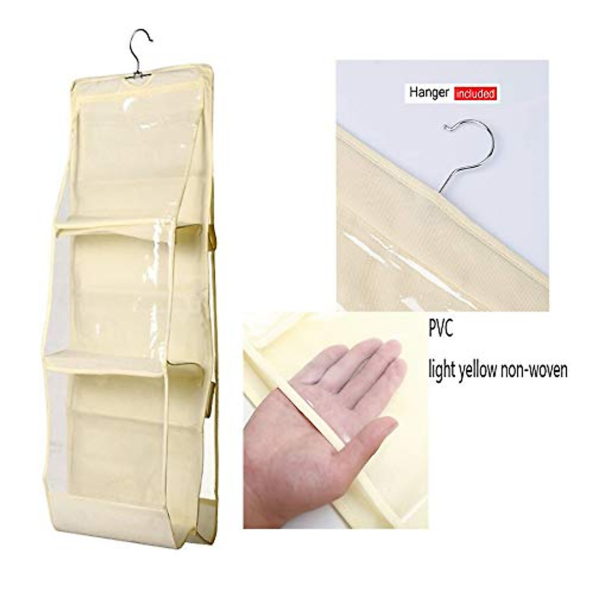 N/V PIKACHENG Hanging Handbag Purse Organizer, Homewares Nonwoven 6Pockets Hanging Closet Storage Bag,Transparent Dust-Proof Wardrobe Closet Storage Bag (Light Yellow)