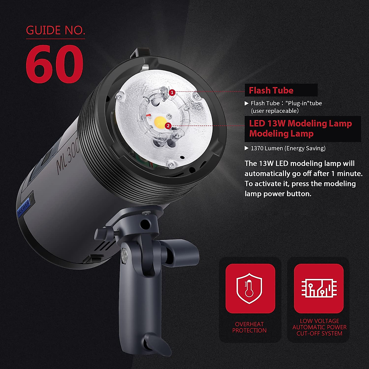 Neewer ML300 300W Outdoor Studio Flash Strobe Li-ion Battery-Powered Monolight with 2.4GHz Wireless Trigger, 1000 Full Power Flashes, 0.4-2.5s Recycle Time, Bowens Mount, 2-Pack Li-on Battery