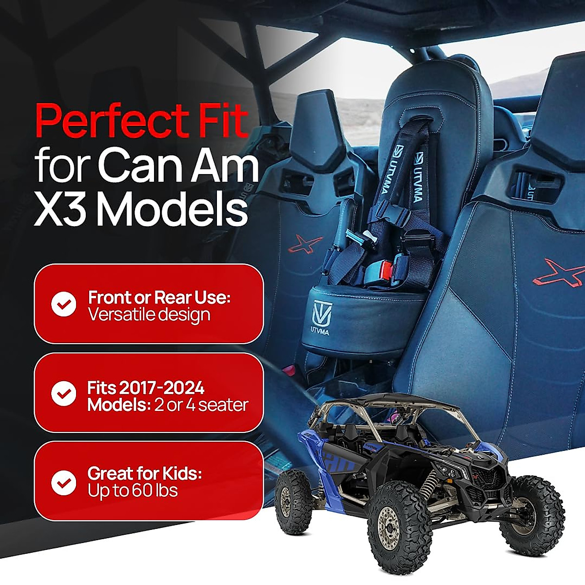 UTVMA Maverick X3/X3 MAX Bump Seat with 4-point Harness | Center Seat | Middle Seat | Kid Seat | Hump Seat