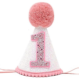 VAVAYAO First Birthday Hat for Baby Girls - First Birthday Cone Hat Pink,1st Birthday Party Hat,Cake Smash Photo Prop,Hot Pink Hat for Party,Kids Theme Party Decoration Supplies