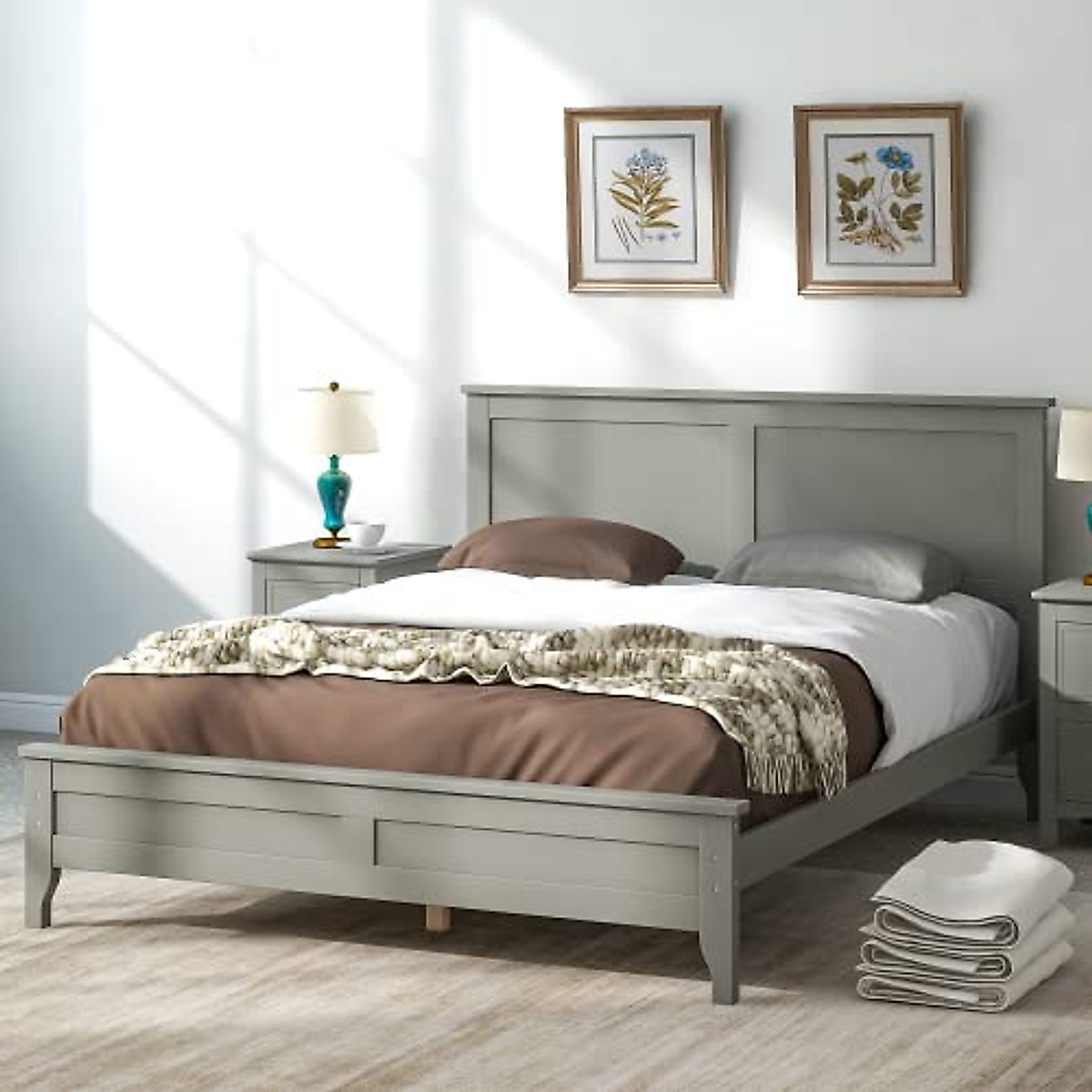 anwickjeff Full Size Bed Frame with Headboard and Footboard, Modern Concise Style White Solid Wood Platform Bed for Kids Teens Adults, No Need Box Spring (Full, Gray)