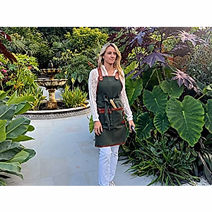 Garden Apron for Women Men, Gardening Apron with Pockets and Adjustable Leather Straps, Canvas Waist Kitchen Apron for Harvesting Weeding Gardening Cooking Baking, Gardener Gift Idea