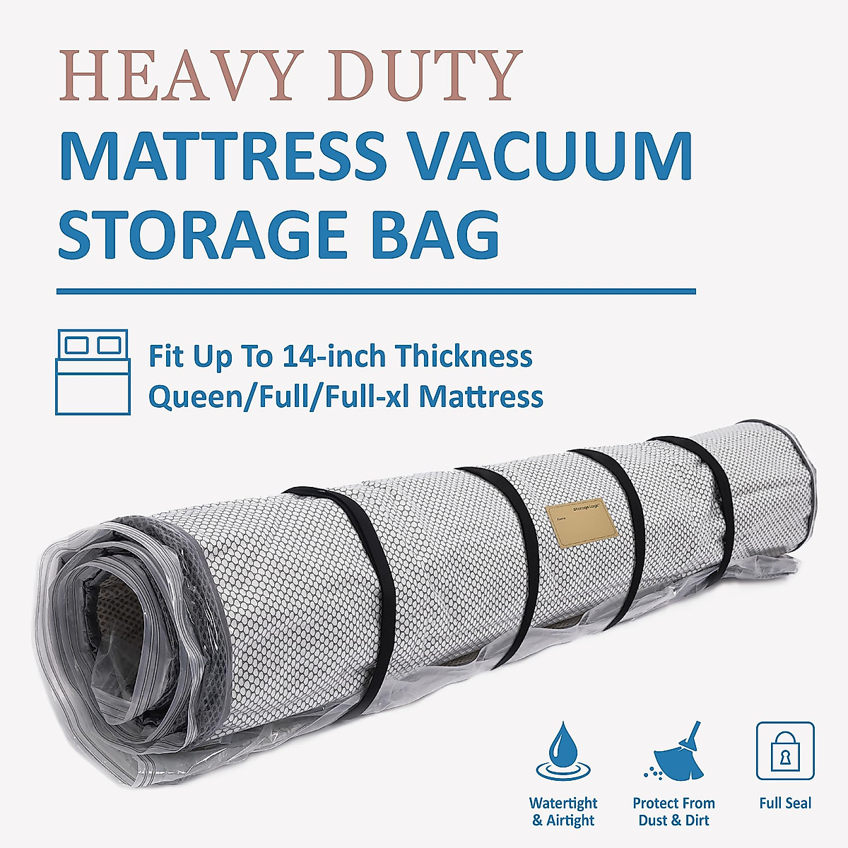 Foam Mattress Vacuum Bag (Queen/Full/Full XL) with Straps and 5 Name Tag Stickers, Moving, Sealable Bag for Mattresses, Double Zip and Leakproof Valve
