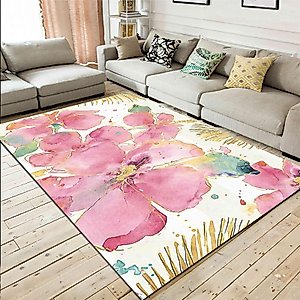 SOJAWA Abstract Marble Floral Area Rug 3x5ft Pink Big Floral Vintage White Background Indoor Easy Clean Home Decoration Rug Non-Slip and Washable for Dormitory Children's Home Kitchen Decorate