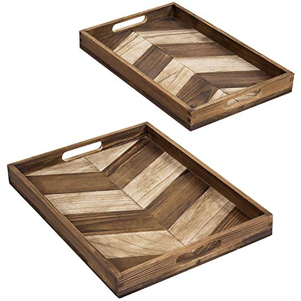 MyGift Large Wooden Nesting Breakfast Trays with Chevron Arrow Design - Burnt Brown Wood Snack Serving Tray with Cutout Handles, 2 Piece Set