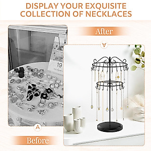iDavosic.ly 2 Tier Rotating Necklace Organizer, Adjustable Metal Necklace Holder with 42 Hooks, Extra Tall Bracelet Keychain Spinning Display Stand Tree Tower for Women Girl, Black