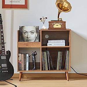 Wirrytor Vinyl Record Storage Cabinet with Power Outlet,Record Player Stand,Record Player Table Holds up to 250 Albums,Turntable Stand Display Shelf with Wood Legs for Living Room Bedroom,Walnut Brown