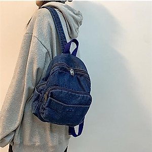 JHTPSLR Small Denim Backpack for Women Vintage Aesthetic Backpack Mini Denim Backpack Canvas Backpack Casual Daypack (Dark Blue)