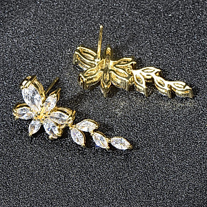 Gold Cubic Zirconia Bridal Earrings - Women’s Marquise CZ Cluster Floral Leaf Crystal Rhinestone Dangle Drop Earring Sterling Silver for Bride Bridesmaids Mother of Bride Party Prom Earrings for Girls