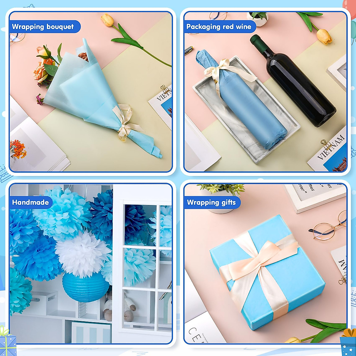 Hlonon 100 Sheets Blue Tissue Paper Bulk for Gift Bags, 20x12 Inches Tissue Paper Wrapping Paper Christmas Weddings Birthday Showers Arts Craft Party Favor Decoration