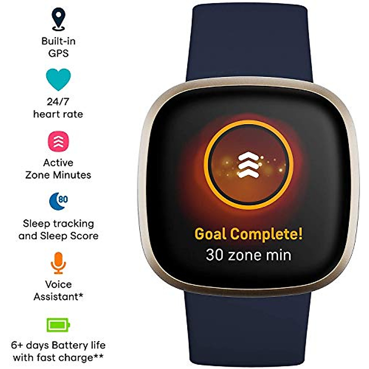 Fitbit Versa 3 Health & Fitness Smartwatch W/ Bluetooth Calls/Texts, Fast Charging, GPS, Heart Rate SpO2, 6+ Days Battery (S & L Bands, 90 Day Premium Included) International Version (Blue/Gold)