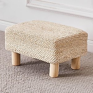 Cpintltr Foot Stool Ottoman Rectangular Footrest Pouf Ottomans Natural Seagrass Footstool with Wooden Legs Hand Weave Step Stool for Living Room Bedroom Entryway Natural White
