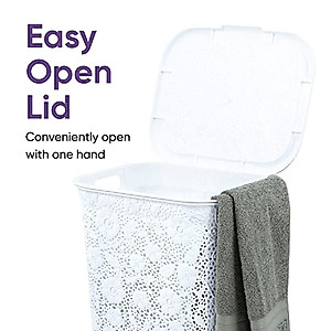 Superio Laundry Hamper with Lid White, 50 Liter Large Lace Hamper Basket, Dirty Cloths Storage with Cutout Handles, for Landry Room, Bedroom, and Bathroom