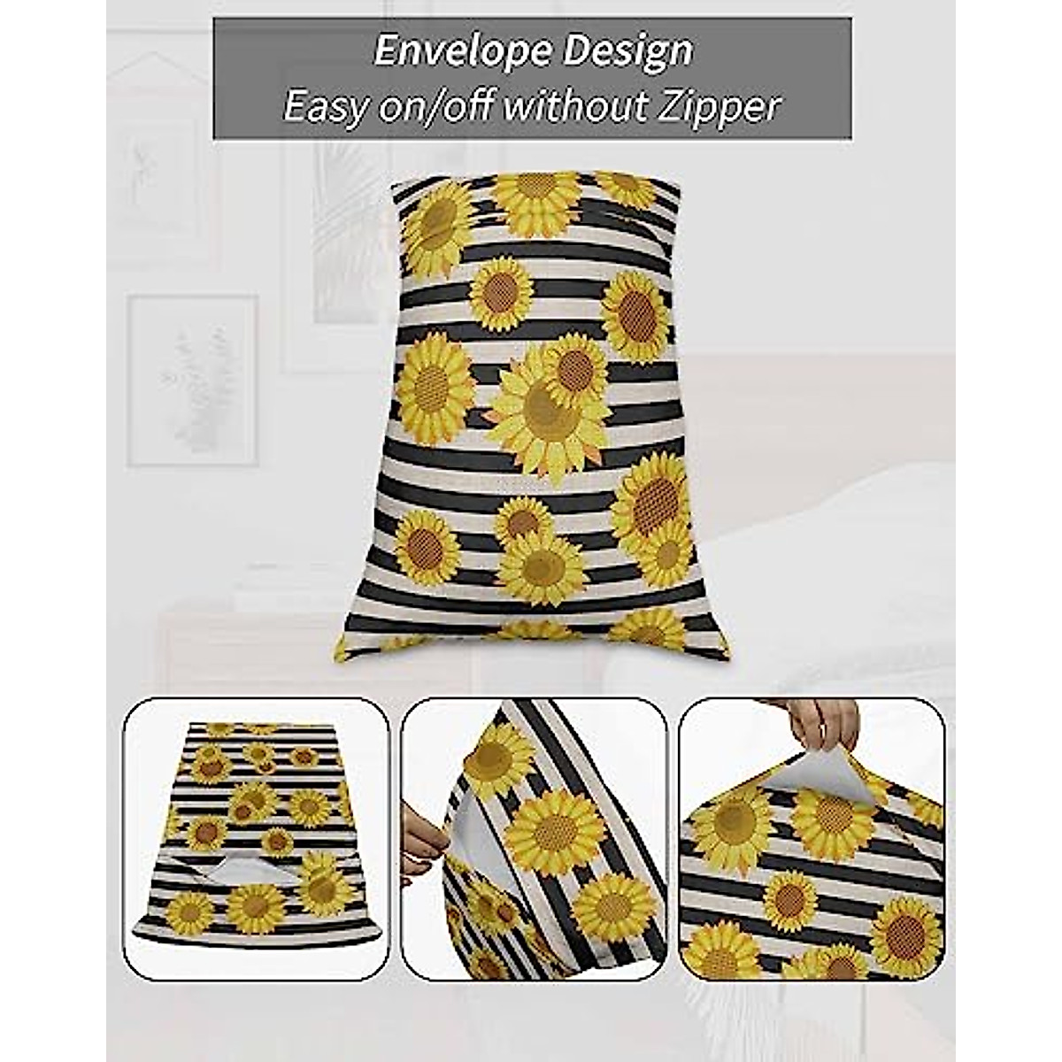 Edwiinsa Sunflower Pillow Covers Standard Size Set of 2 20x26 Bed Pillow, Summer Farmhouse Black and White Striped Plush Soft Comfort for Hair/Skin Cooling Pillowcases with Envelop Closure