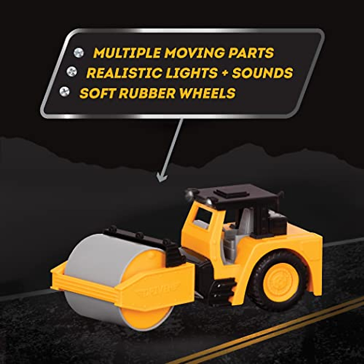 DRIVEN by Battat – 1:24 Scale Steam Roller – Realistic Construction Truck Toy with Multiple Moving Parts, Lights & Sounds – Gift Toy Car for Boys & Girls Age 3+