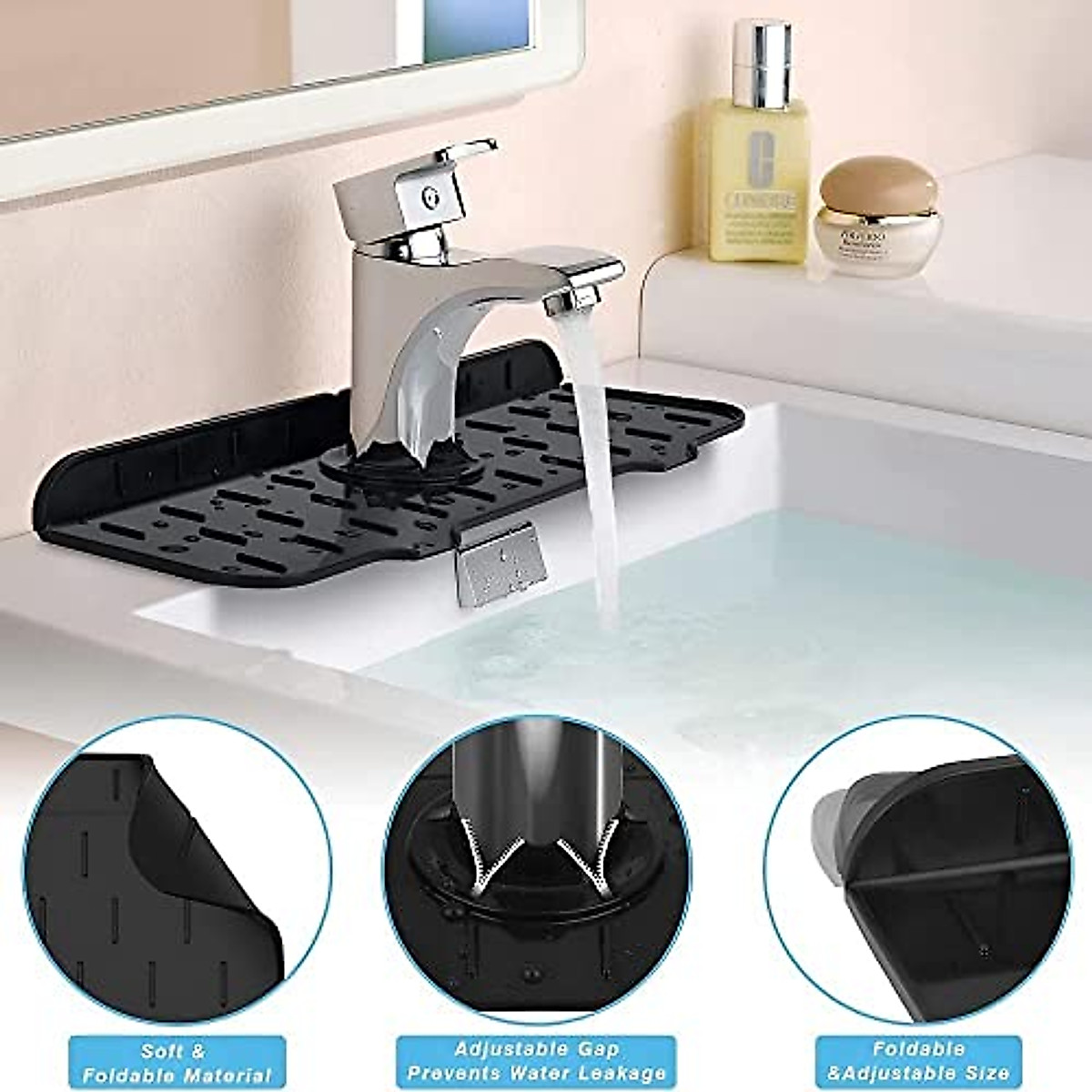 Silicone Faucet Mat Kitchen Sink Taps Splash Guard Drainer Absorbent Pad Faucet Drip Catcher for Kitchen Utensils and Dish Drainer Countertop Protect (Black)