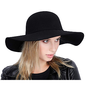Lanzom Women Lady Retro Wide Brim Large Floppy Panama Hat Belt Wool Fedora Hat (Black 2, One Size)