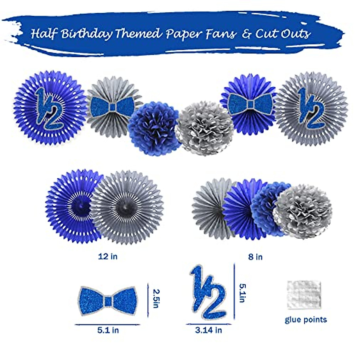 Half Birthday Decorations Baby Boy, Hombae 1/2 Birthday Boy Decorations Supplies, 6 Months Birthday Decorations Boy, Blue Glitter Half Birthday Banner with Triangle Flag Banner, 1/2 Birthday Hat Crown with Blue Bow Tie, Halfway to One Cake Topper, Blue Gr