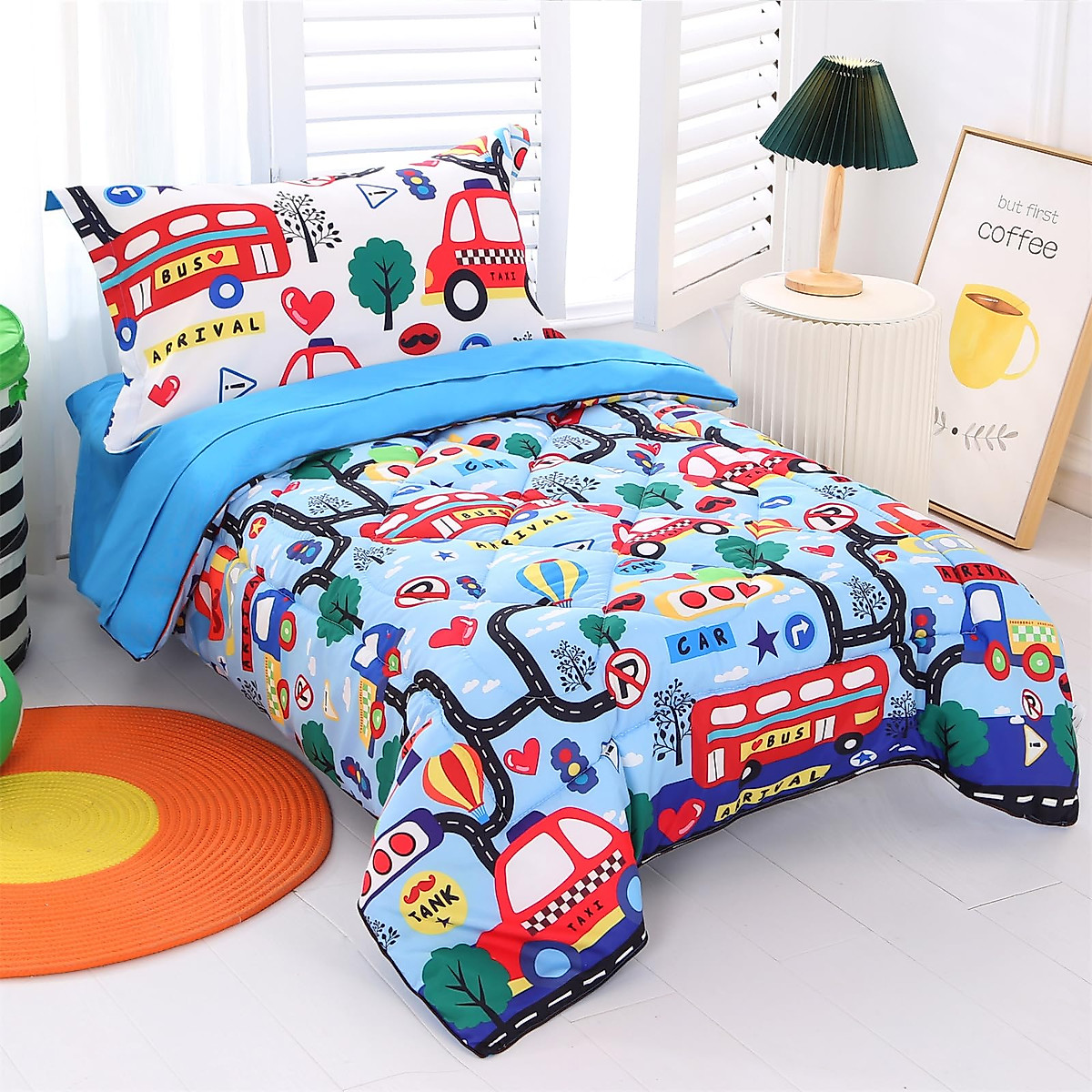 Wowelife Car Toddler Bedding Sets for Boys Blue, Premium 4 Piece Car Toddler Bed Sets for Boys and Girls, Super Soft and Comfortable for Toddler(Transportation)