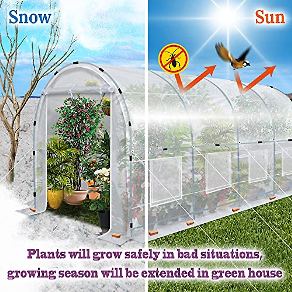YardGrow Half Transparent Walk-in Plant Greenhouse Heavy Duty Garden Tunnel Tent with ABS Clamps (16'X7'X7')