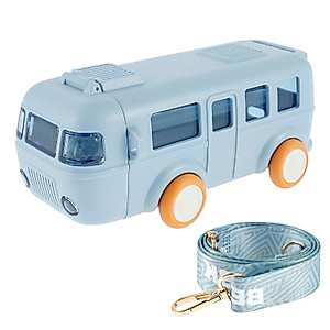 Janoiuc Car Straw Water Cup, 16ozBus Water Bottle With Wheels,Portable Water Cup In Bus Shape with Shoulder Strap, Summer Cute Bus Water Bottle Locking Flip Lid Water Kettle (Blue)