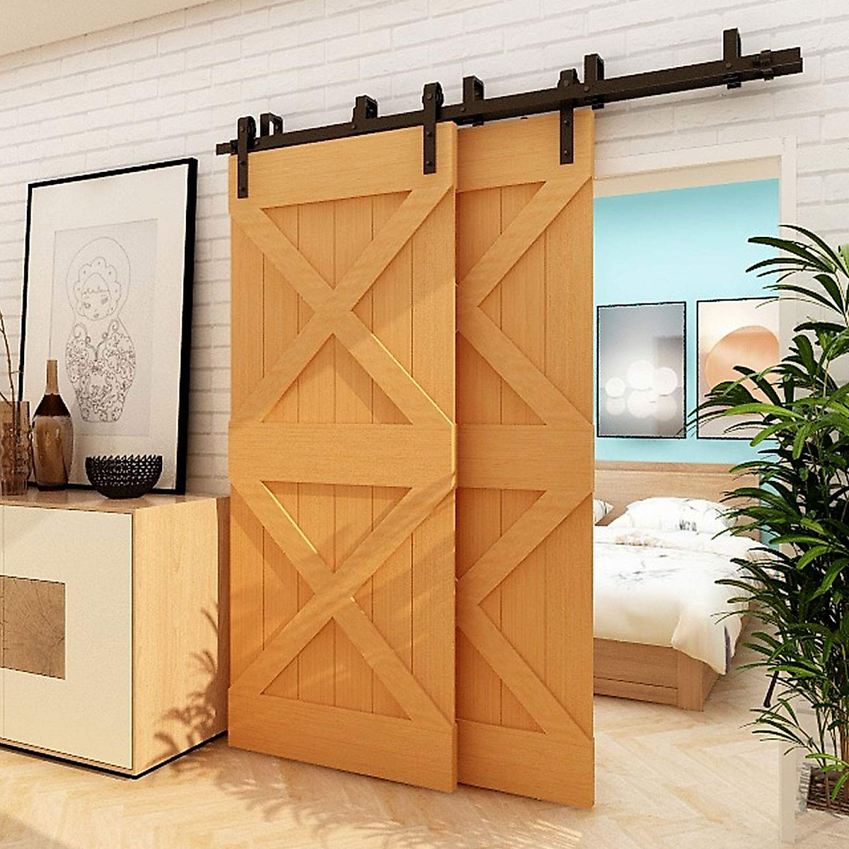 CCJH 9FT Bypass Sliding Barn Door Hardware Kit Double Track Low Ceiling Heavy Duty for Double Wooden Doors, Basic Hanger