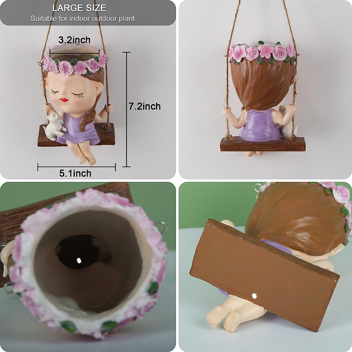 Mrsivrop Hanging Swing Face Planters Pots for Indoor Outdoor Plants, Cute Wall Hanging Planters, Large Unique Head Flower Planter Pots for Outside with Drainage Holes, Purple