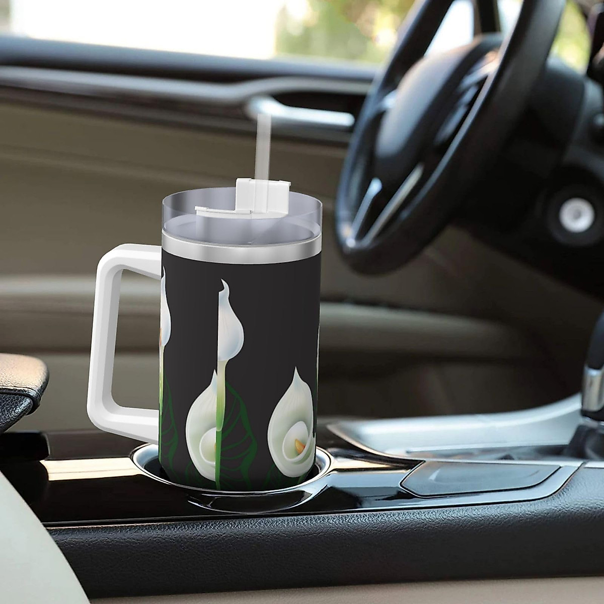 furenan White Calla Lilies 40oz Tumbler With Handle And Straw Lid Stainless Steel Double Wall Vacuum Insulated Tumbler Travel Mug Straw Covers Cup For Water Iced Tea Or Coffee
