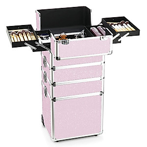 OUDMAY Makeup Case - 4 in 1 Professional Cosmetics Rolling Train Organizer with Aluminum Frame and Folding Trays Pink Diamonds