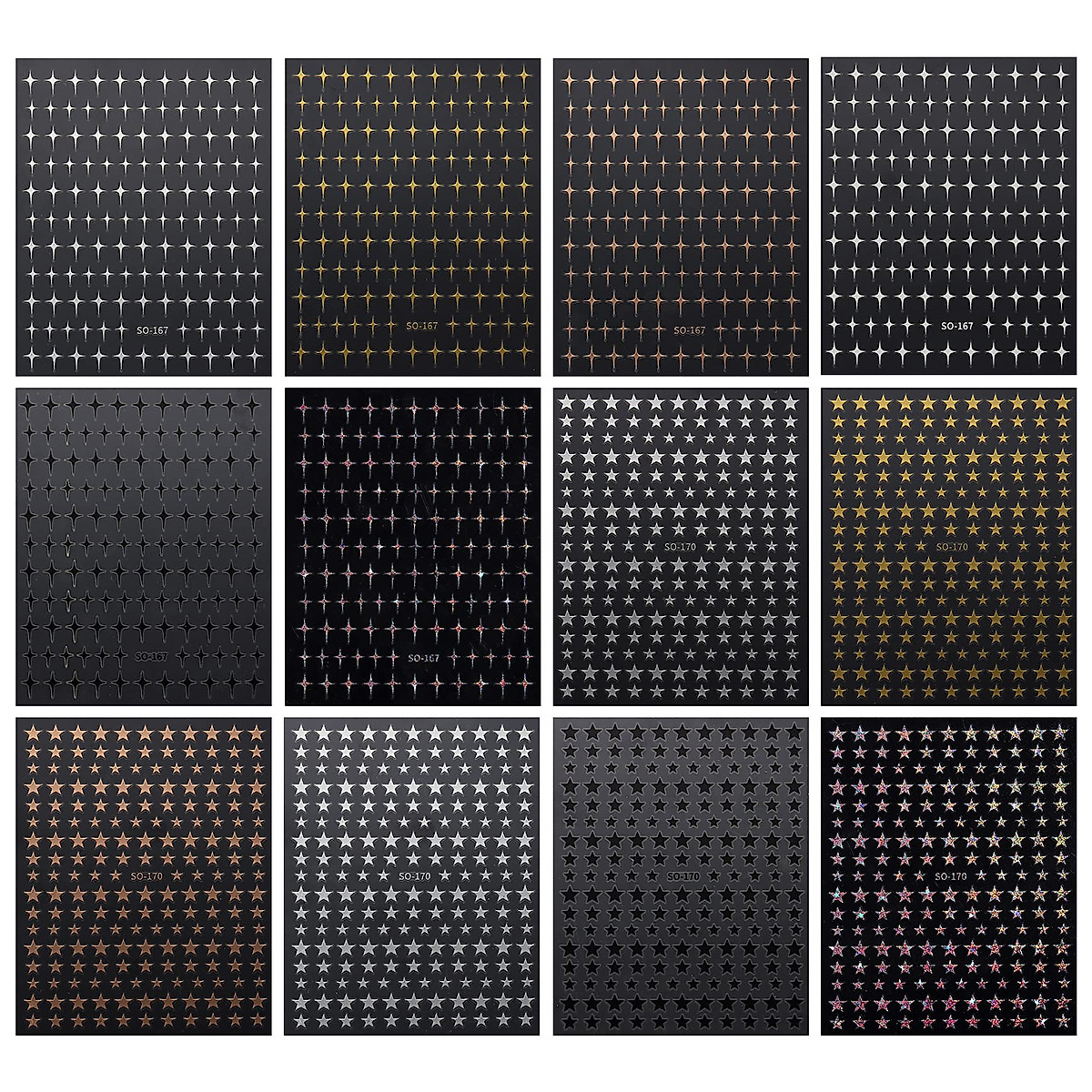 JMEOWIO 12 Sheets Colorful Star Nail Art Stickers Decals Self-Adhesive Pegatinas Uñas Silver Nail Supplies Nail Art Design Decoration Accessories