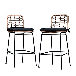 Patiorama Outdoor Bar Stools Set of 2, Patio Counter Height Stools & Bar Chairs w/Footrest, Hand-Woven Armless Beige Rattan Bar Set Patio Furniture for Garden,Pool, Indoor,Cafe,Kitchen(Black Cushion)