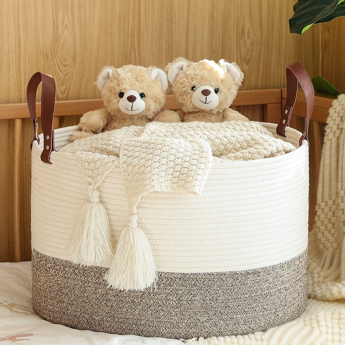 KAKAMAY Large Cotton Rope Blanket Basket (20"x13"),Woven Baby Laundry Hamper，Blanket Basket for Nursery, Laundry, Living Room, Pillows, Toys with Handles （White/Beige）