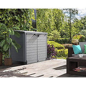 Duramax Cedargrain StoreAway 1200L Plastic Garden Storage Shed/Flat Lid - Outdoor Storage Bike Shed – Durable & Strong Construction– Ideal for Tools, Bikes, BBQs & 2X 240L Bins, 145x85x125 cm, Grey