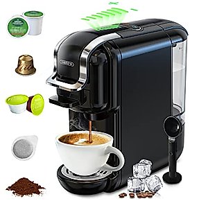 Pod Coffee Maker Single Serve, HiBREW 5-in-1 Espresso Machine for Pods, Kcup*/Nes* Original/DG*/ESE Pod/Espresso Powder Compatible, Cold/Hot Mode, 20 oz Removable Reservoir, LED Bars Indicator, 19 Bar