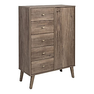 Prepac Milo Mid-Century 5 Drawer Combo Dresser, Chest of Drawers With Door, Bedroom Furniture, Clothes Storage with Shelves and Drawers, 16" D x 34.5" W x 49" H, Cherry, DDBR-1414-1