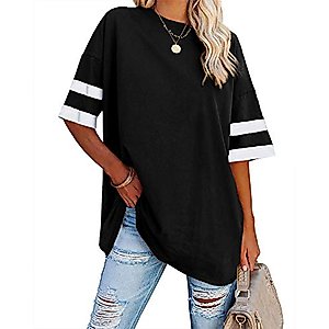 Fisoew Womens Oversized Tees Loose T Shirts Half Sleeve Crew Neck Color Block Cotton Tunic Tops Black