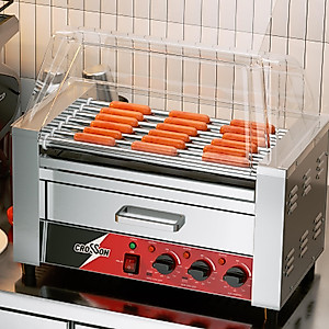 CROSSON Hot Dog 7 Roller with Bun Warmer&Transparent Sneeze Guard,Commercial 7 Nonstick 304 Roller Grill Cooker Machine