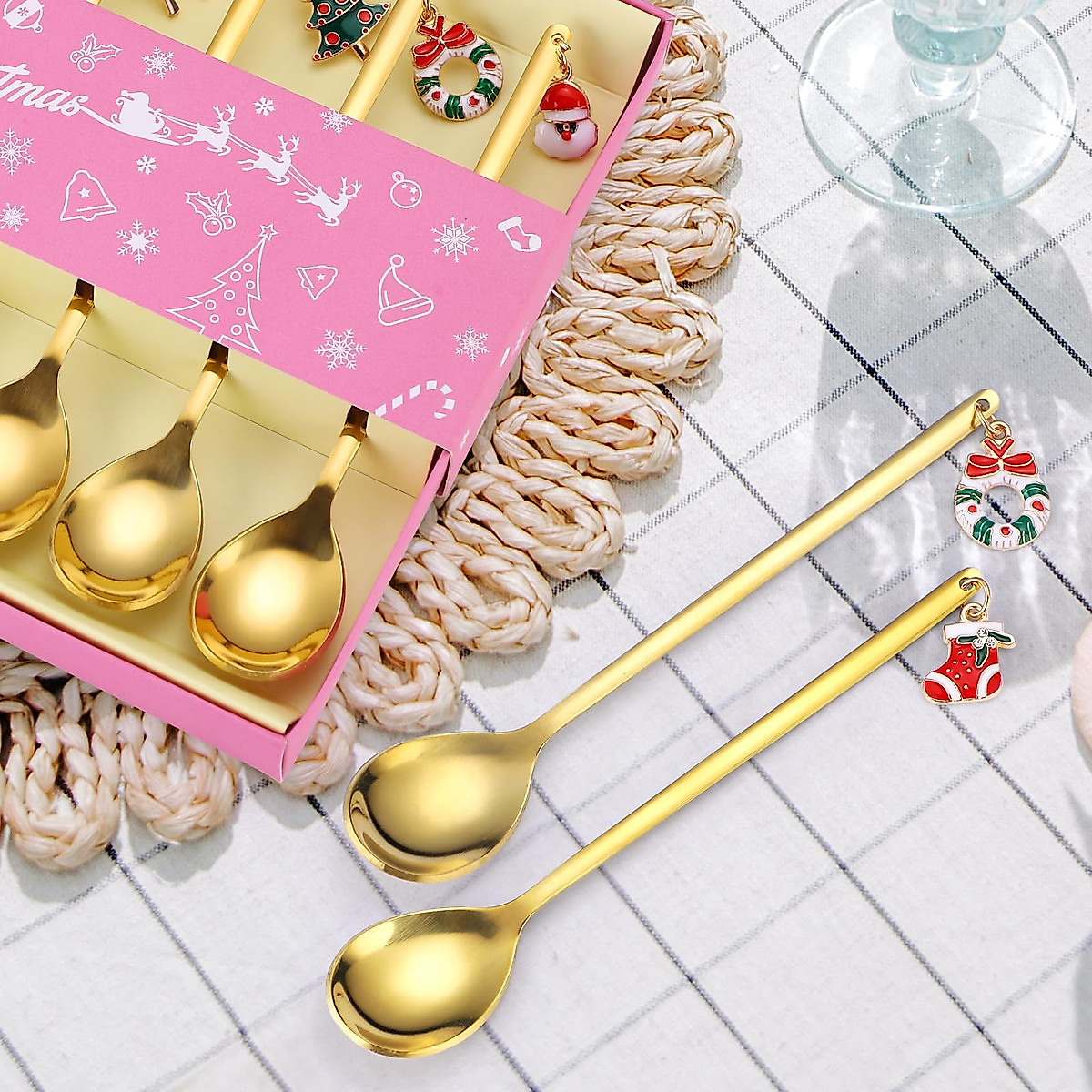 A · HOUSEWARE Coffee Spoons Gold Silverware Christmas 6 Pieces Small Stainless Steel Flatware Xmas Decorative Pendants Cute Drinking Stirrers for Festive and Daily Kitchen Utensils