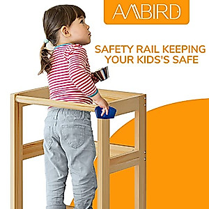 AMBIRD Toddler Step Stool, 3 Adjustable Height Kitchen Step Stool for 18-48 Months Kids, Wooden Toddler Kitchen Stool with Rail & Non-Slip Mat for Kitchen & Bathroom Sink (Natural Color)